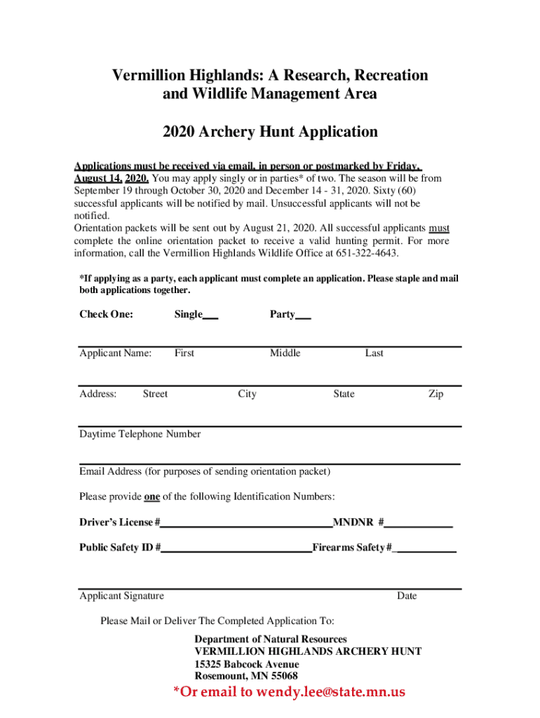 Fillable Online files dnr state mn 2020 Vermillion Highlands Archery Hunt Application. 2014 ...
