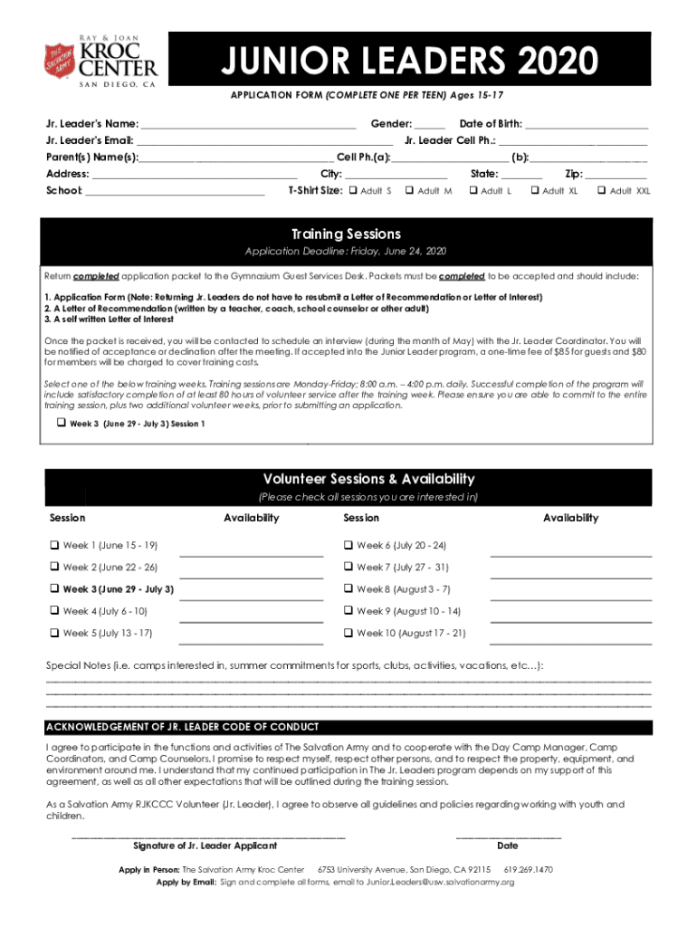 Fillable Online Fillable Online kroccenter Jr. Leaders Application Form ...