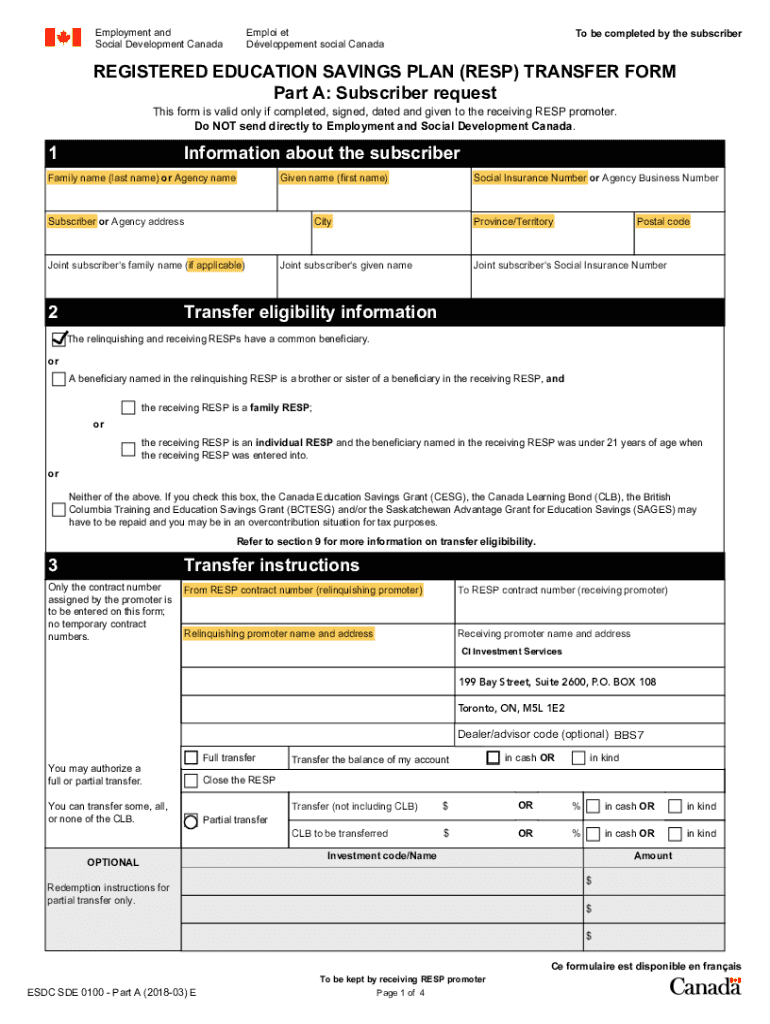 Fillable Online RESP Transfer Form.pdf Fax Email Print - pdfFiller