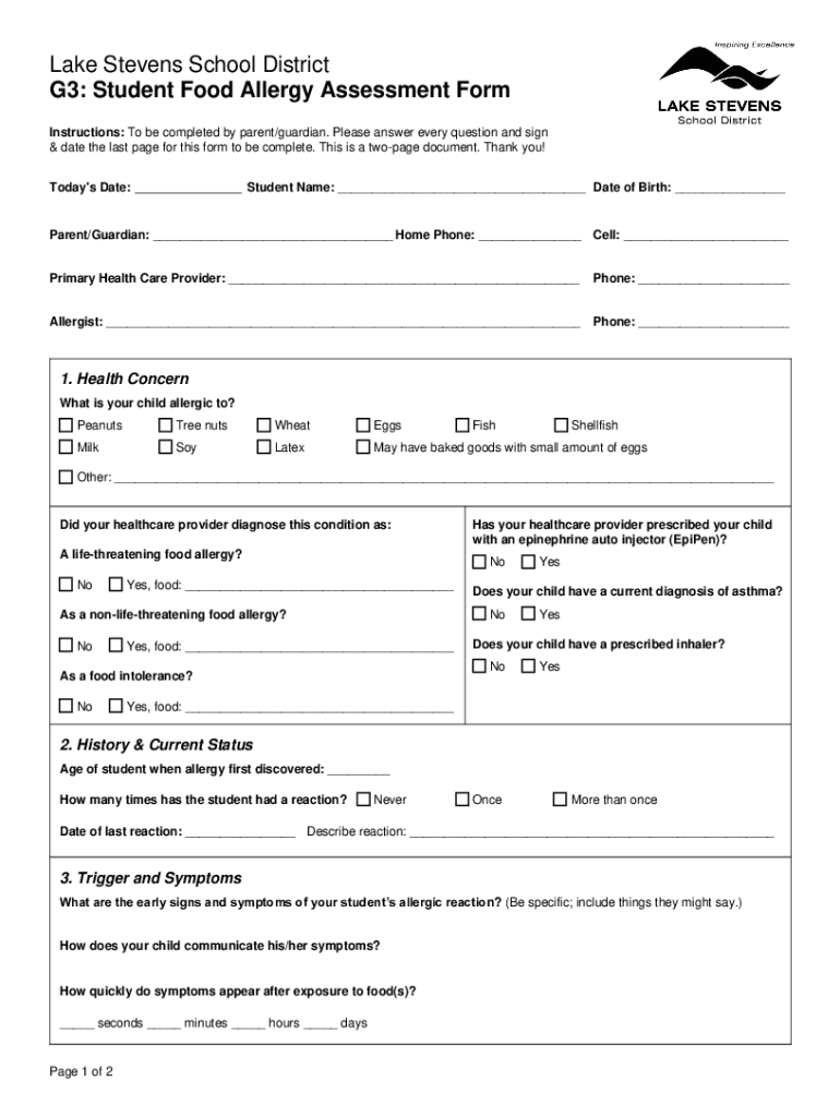Fillable Online G3: Student Food Allergy Assessment Form Fax Email ...