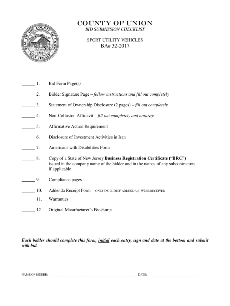 Fillable Online BID DOCUMENT SUBMISSION CHECKLISTBID DOCUMENT SUBMISSION CHECKLISTBID DOCUMENT ...
