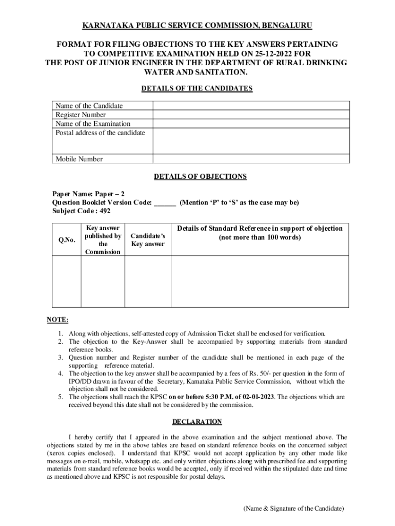 Fillable Online kpsc.kar.nic.inOBJECTION FORMAT 465KARNATAKA PUBLIC SERVICE COMMISSION ...