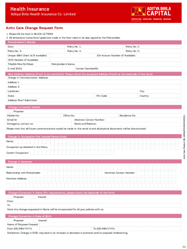 Fillable Online Activ Care - Change Request Form.cdr Fax Email Print ...
