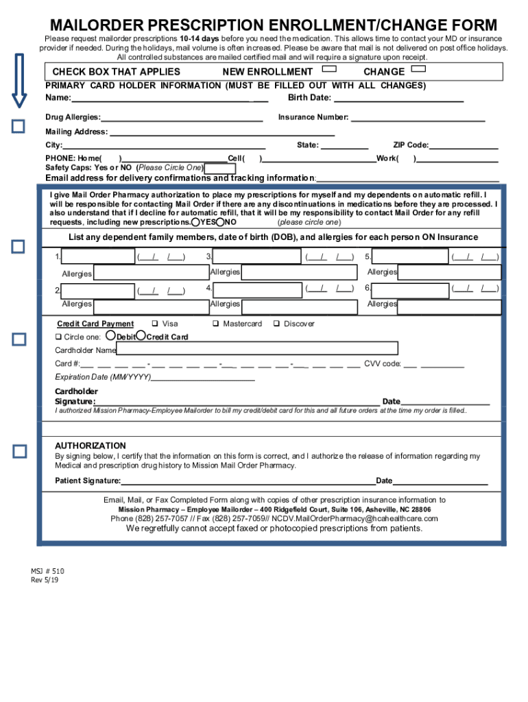 Fillable Online MAILORDER PRESCRIPTION ENROLLMENT/CHANGE FORM - Mission Health System Fax Email ...