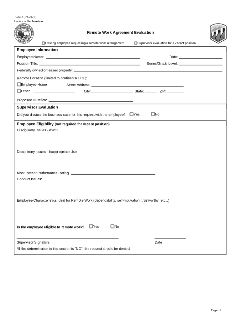 Fillable Online Form 7-2692, Remote Work Agreement Evaluation Fax Email ...
