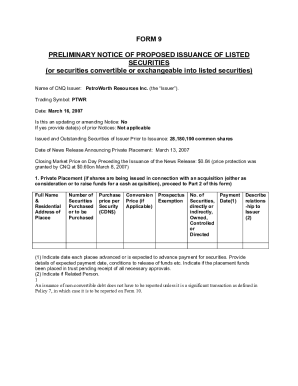Fillable Online FORM 9 PRELIMINARY NOTICE OF PROPOSED ISSUANCE OF ...