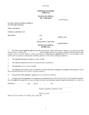 Fillable Online FORM 64A NOTICE OF APPEAL (By a Defendant) Court File ...