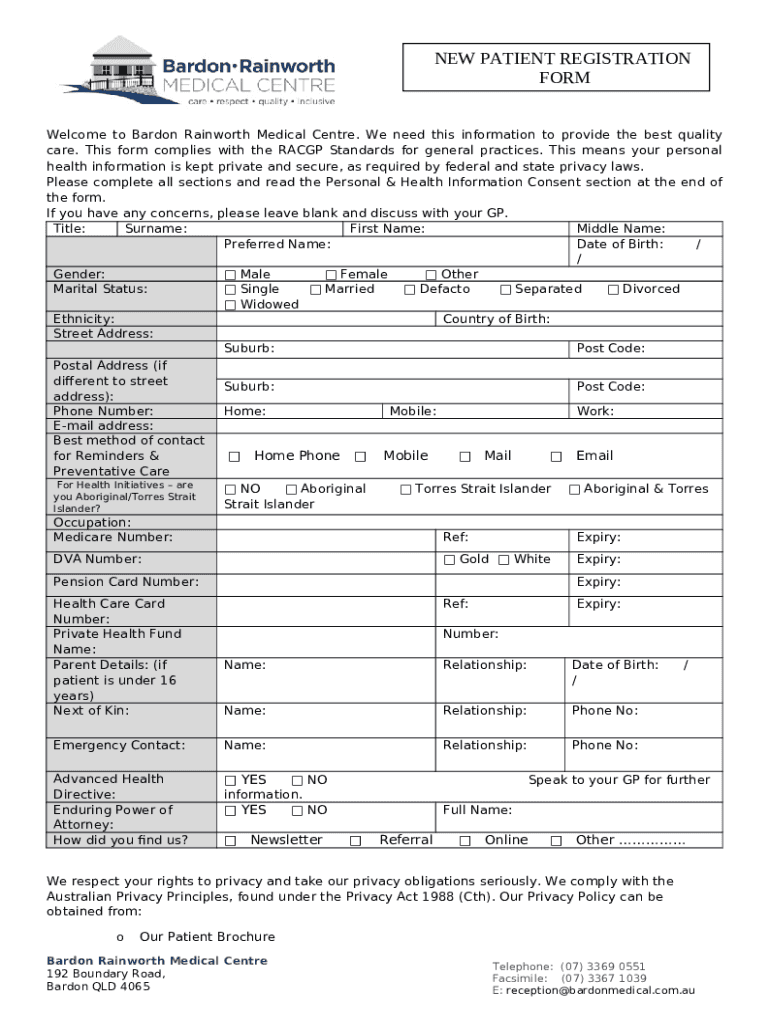 New Patient - Bardon Rainworth Medical Centre Doc Template | pdfFiller