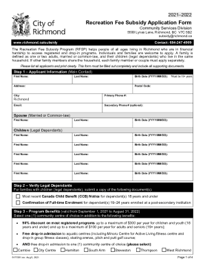 Fillable Online Recreation Fee Subsidy Application Form Fax Email Print - pdfFiller