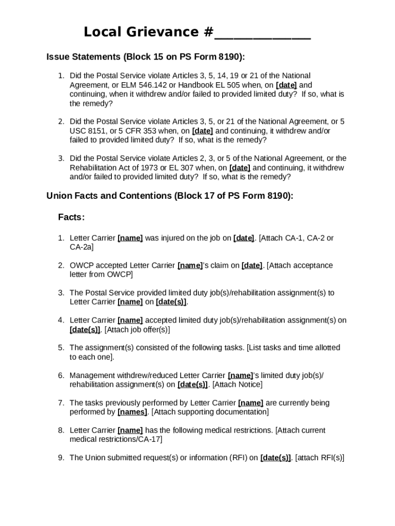 Local Grievance # Issue Statements (Block 15 ... Doc Template | pdfFiller