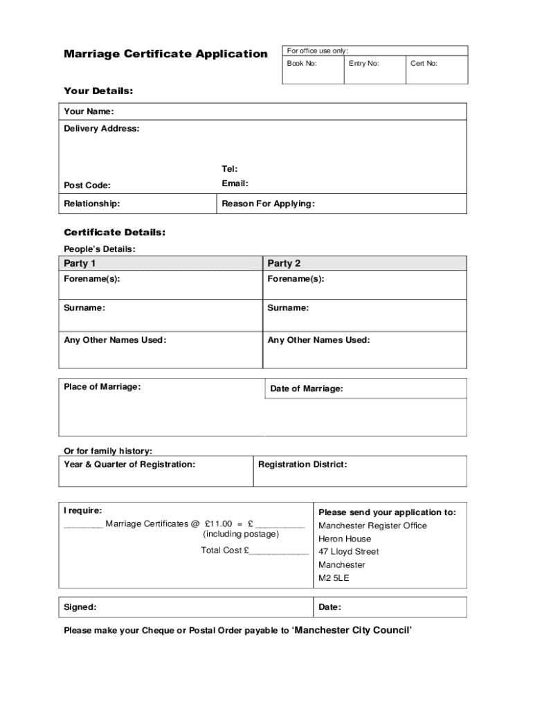 Fillable Online Register No. Entry No. Certificate No. APPLICATION FOR A MARRIAGE ... Fax Email ...