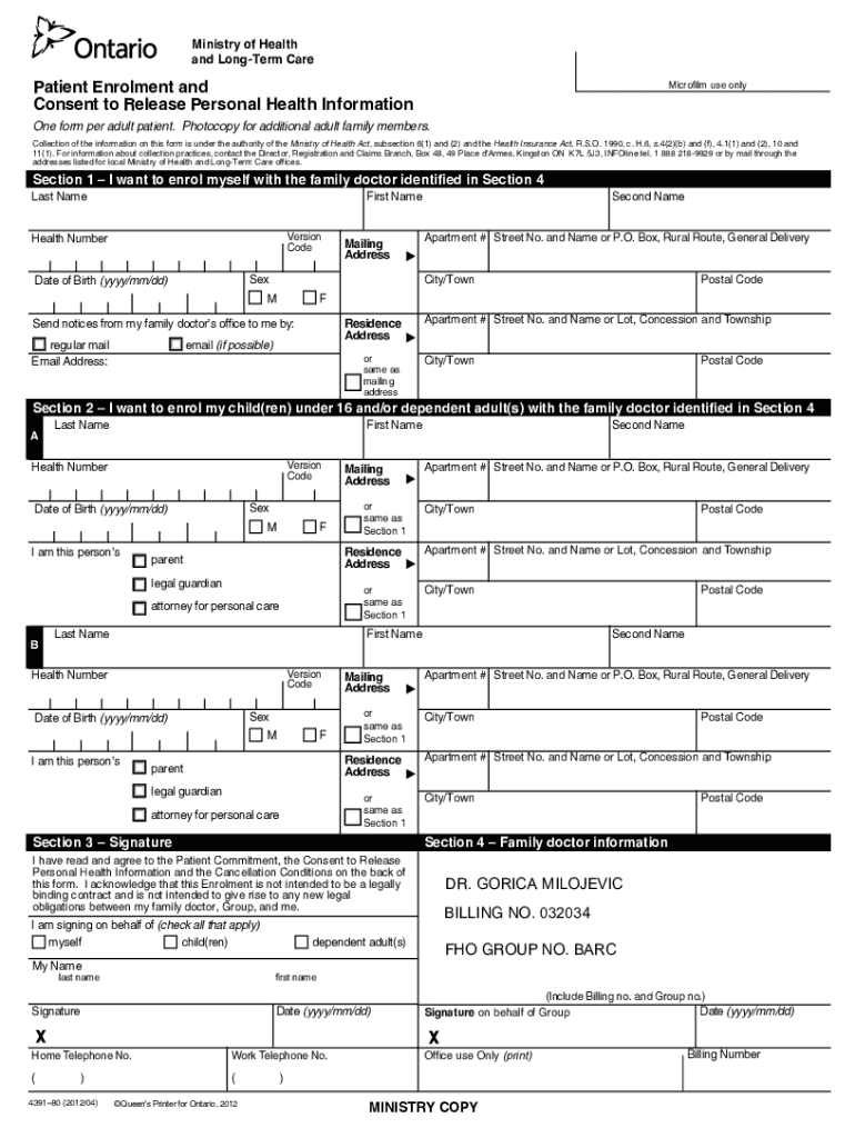 Fillable Online MOHLTC - Primary Health Care-Processing Enrolment ...
