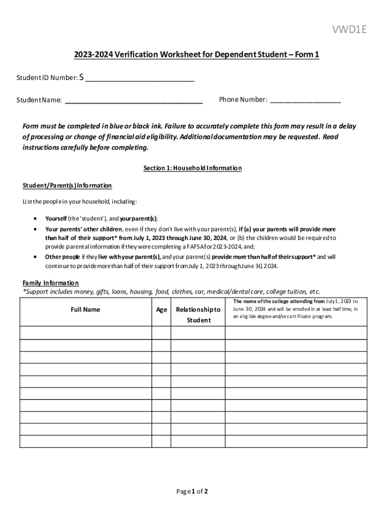 Fillable Online Verification Worksheet Form 1 - Dependent Student ...