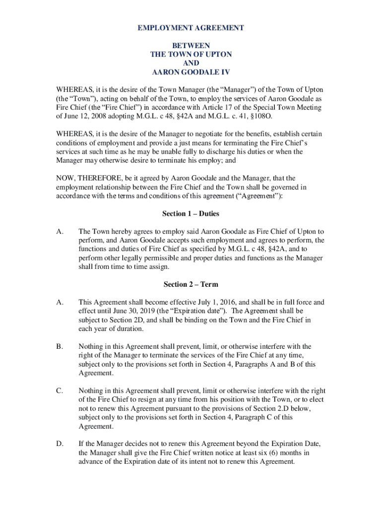 Fillable Online Get the free EMPLOYMENT AGREEMENT BETWEEN THE TOWN OF ...