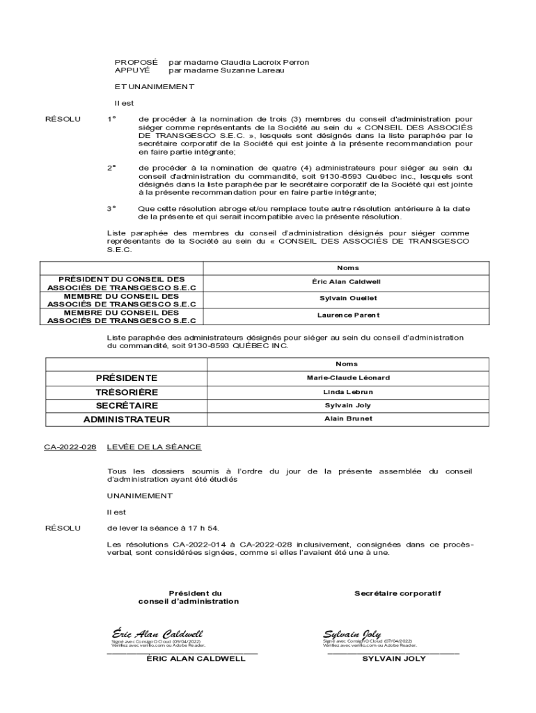 Fillable Online Le procs-verbal de conseil d'administration - Le procs-verbal du ... Fax Email ...