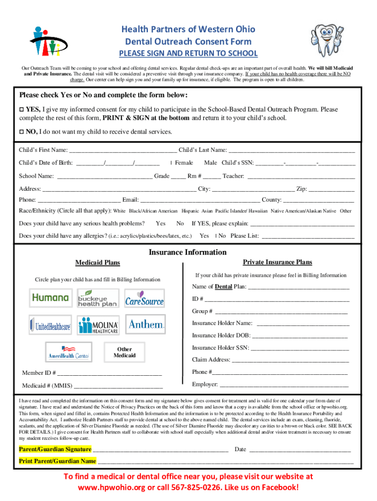 Fillable Online Health Partners of Western Ohio Dental Outreach Consent ...