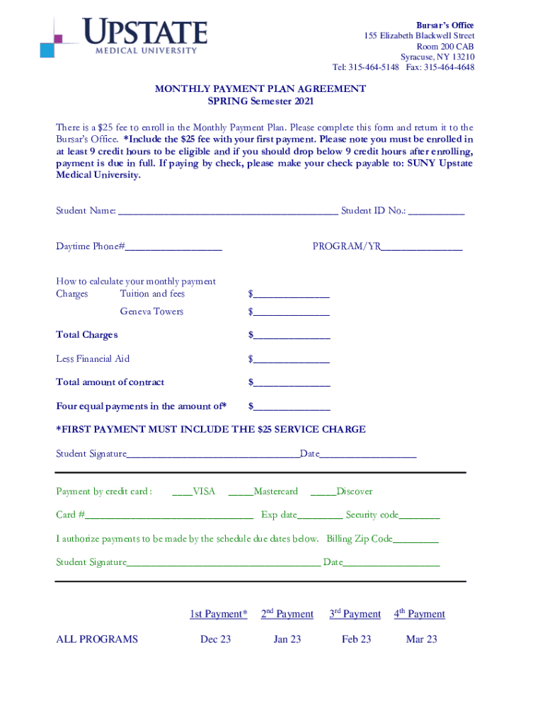 Fillable Online MONTHLY PAYMENT PLAN AGREEMENT Fax Email Print - pdfFiller