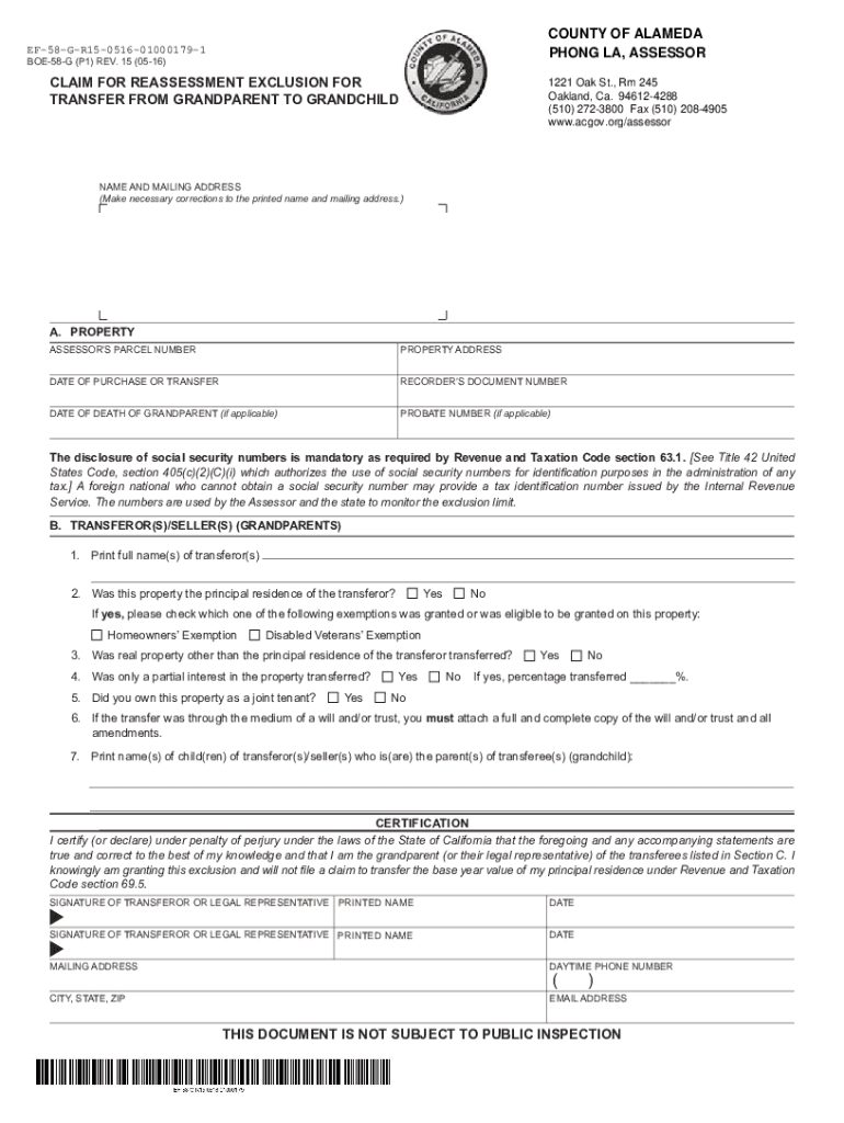 Fillable Online Form BOE-58-G "Claim for Reassessment Exclusion for Transfer Between ... Fax ...