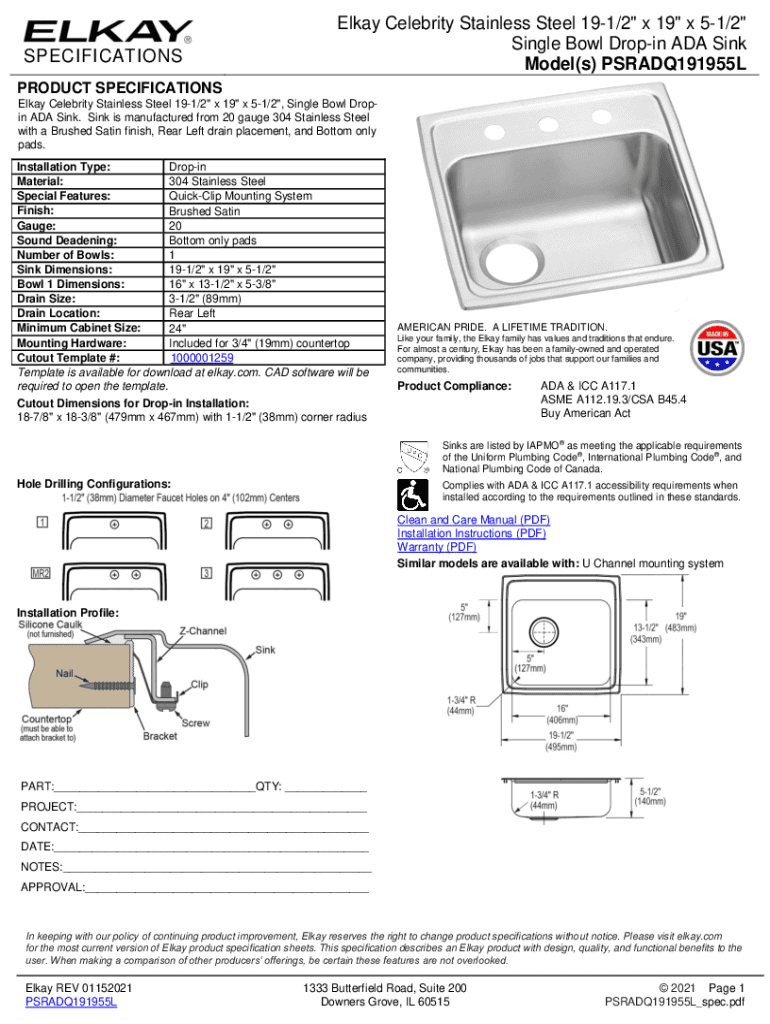 Fillable Online Elkay Celebrity Stainless Steel 19-1/2 x 19 x 5-1/2 ...
