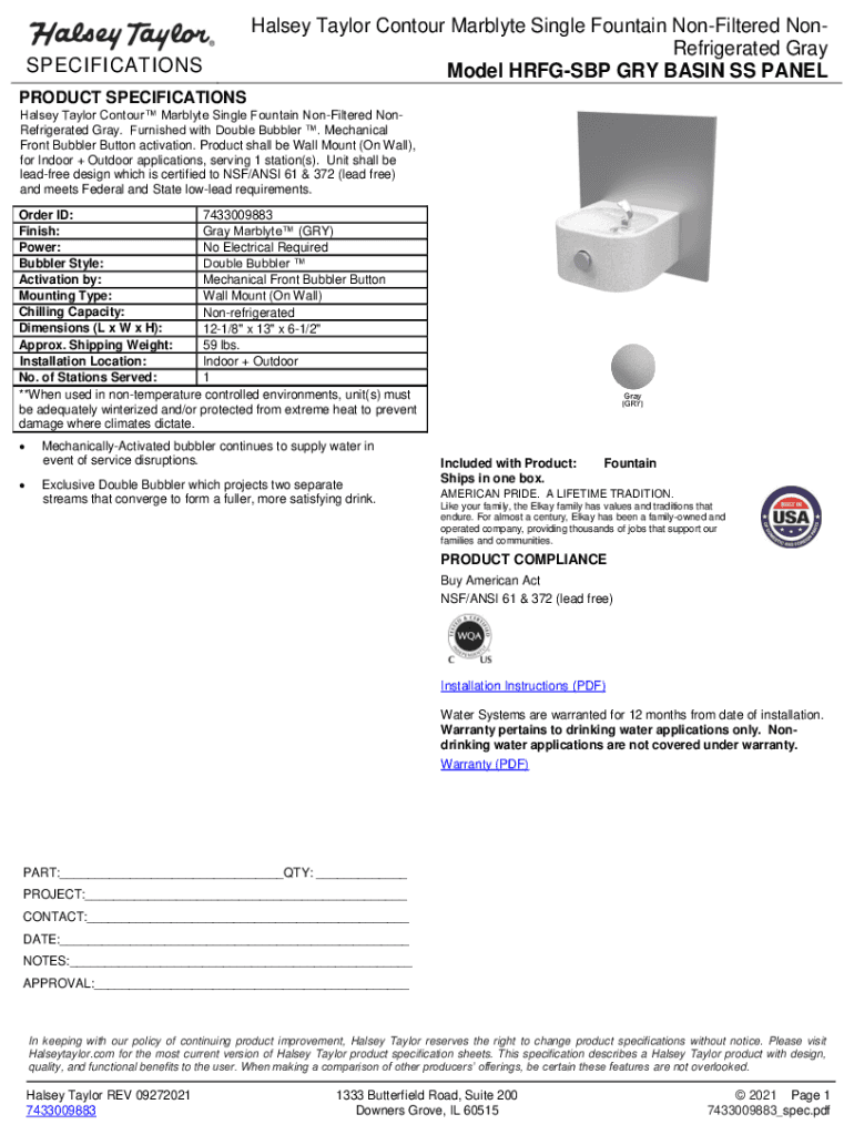 Fillable Online Halsey Taylor HRFG-E GRY BASIN Contour Marblyte ...