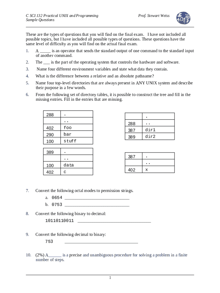 Fillable Online C SCI 132 Practical UNIX and Programming Prof. Stewart Weiss Sample ... Fax ...