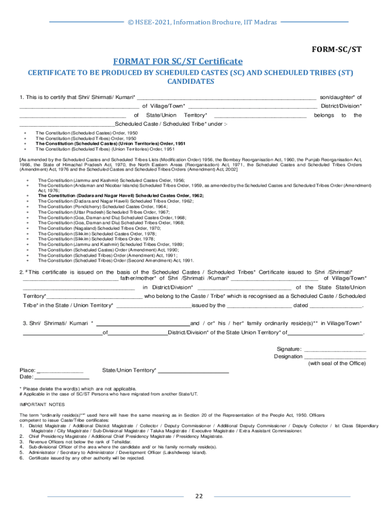 Fillable Online FORM OF CERTIFICATE TO BE PRODUCED BY SCHEDULED CASTES ...