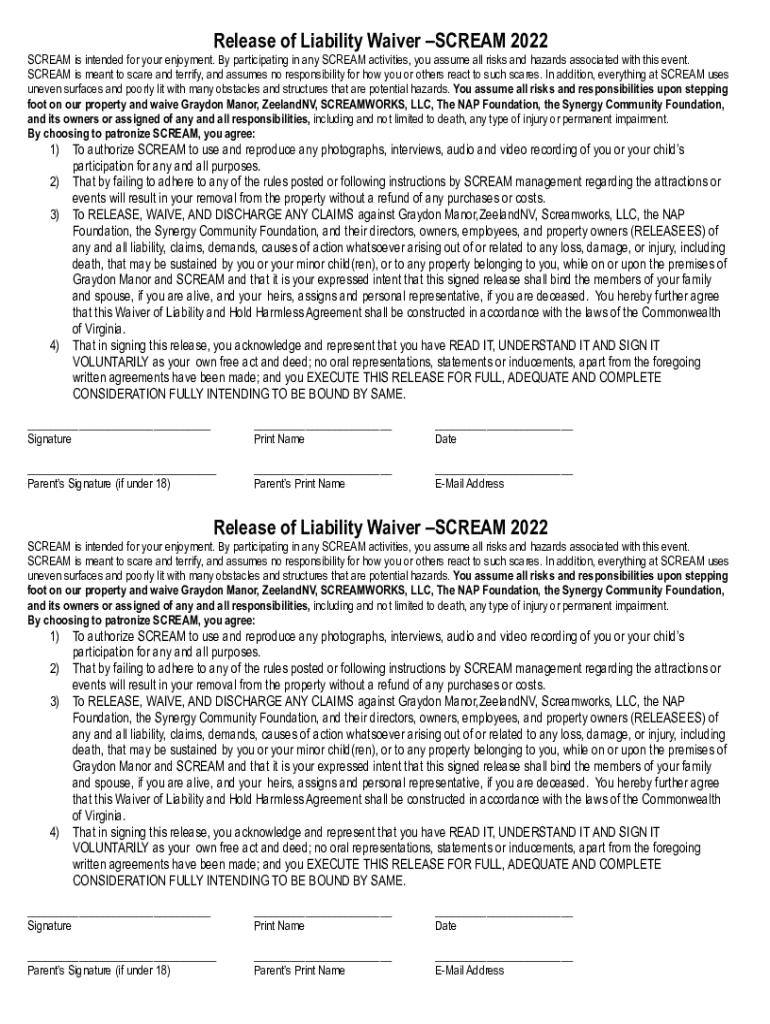 Fillable Online RELEASE OF LIABILITY, INDEMNITY AND ASSUMPTION OF RISK ...