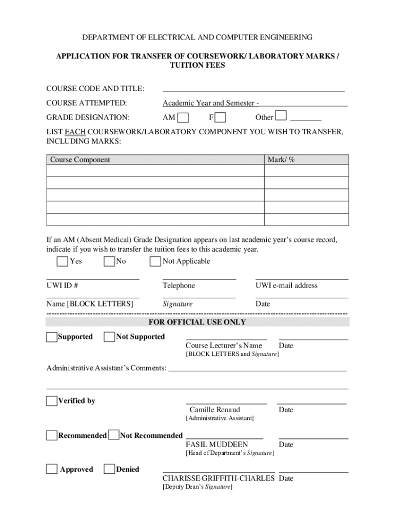 Fillable Online sta uwi LABORATORY MARKS / TUITION FEES COURSE Fax ...