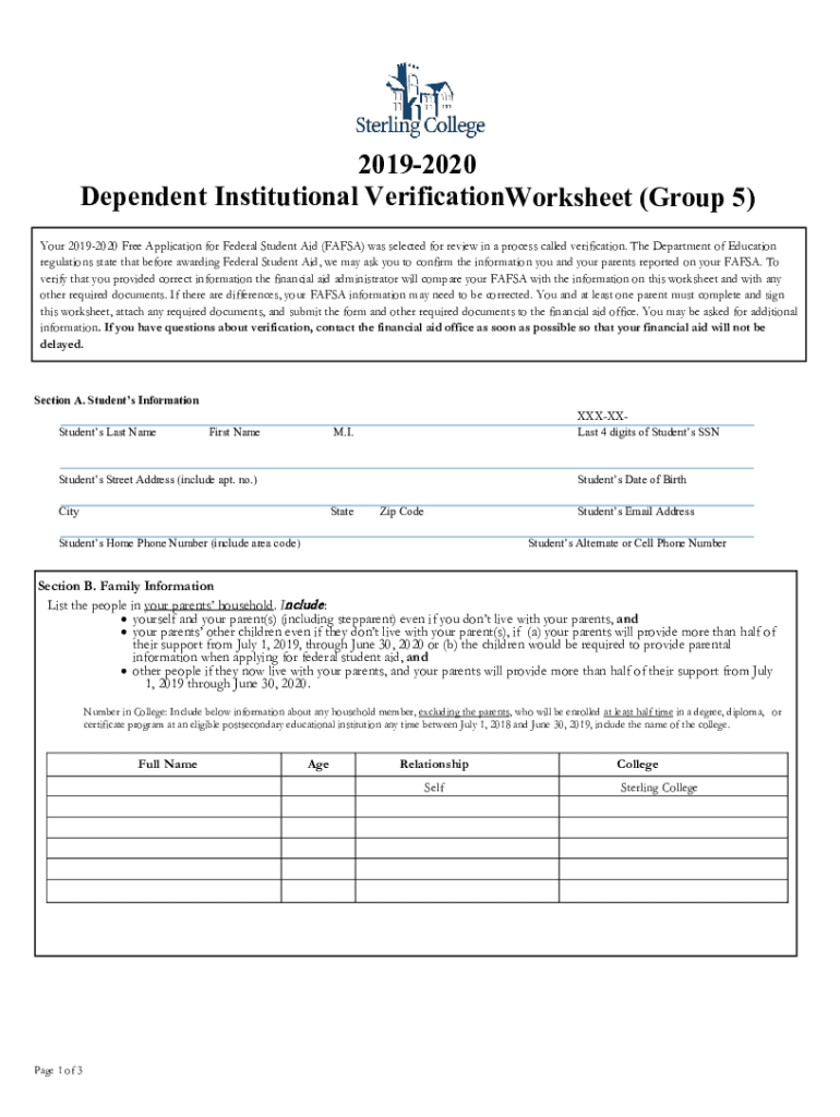 Fillable Online Fill - Free fillable 20192020 DEPENDENT CUSTOM VERIFICATION WORKSHEET ... Fax ...