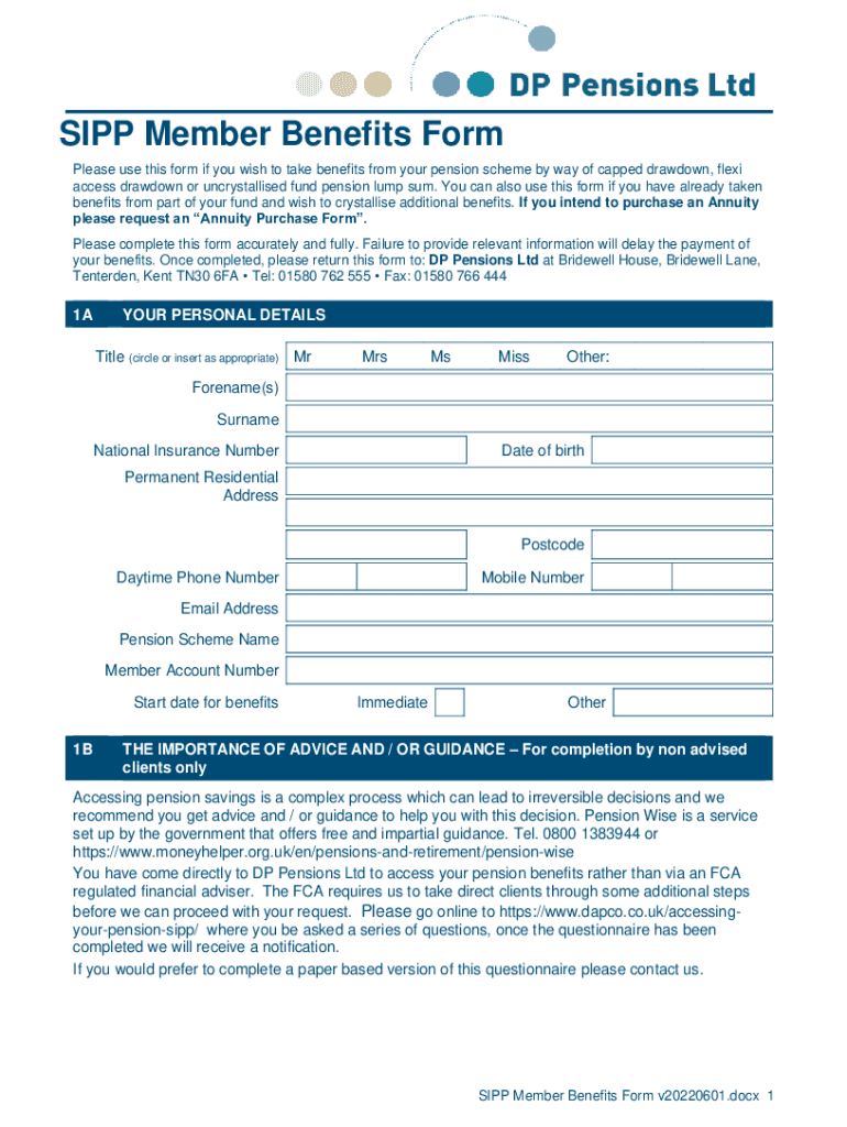 Fillable Online SIPP Member Benefits Form (copyright DP Pensions Ltd ...