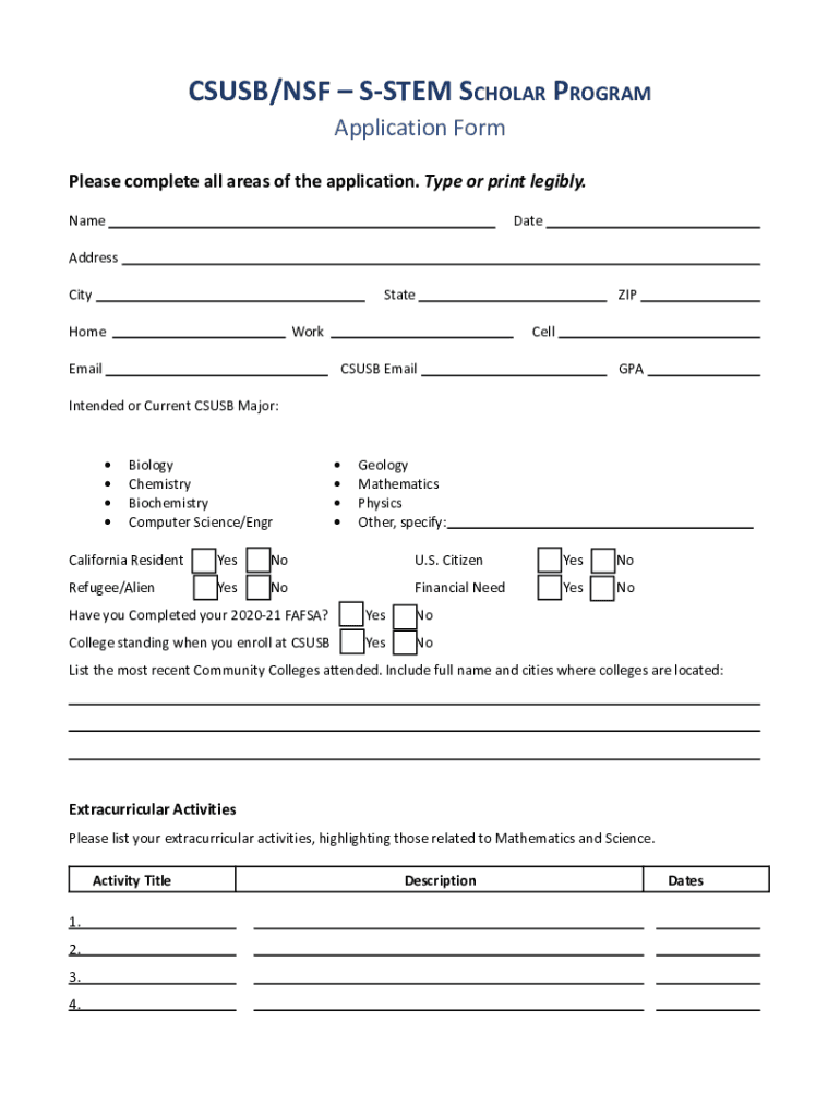 Fillable Online S-STEM Scholar Application 2022.docx - CSUSB Fax Email Print - pdfFiller