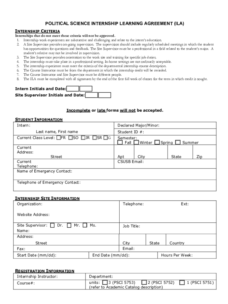 Fillable Online POLITICAL SCIENCE INTERNSHIP LEARNING AGREEMENT ... Fax ...