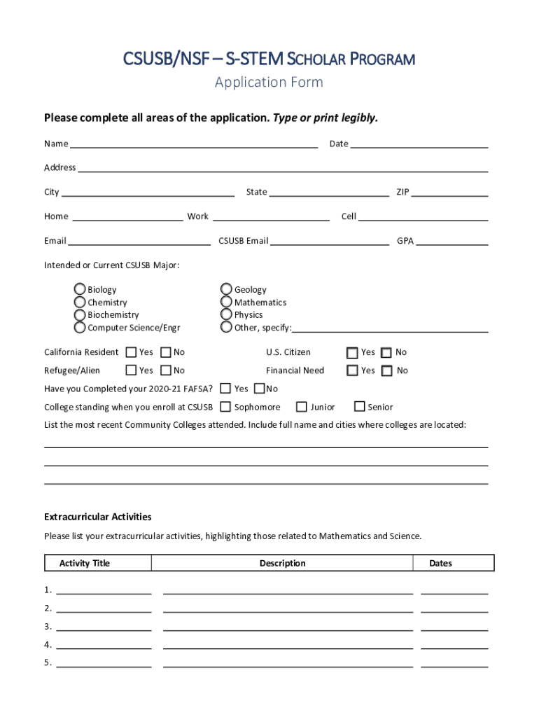 Fillable Online S-STEM Scholar Program - CSUSB Fax Email Print - pdfFiller
