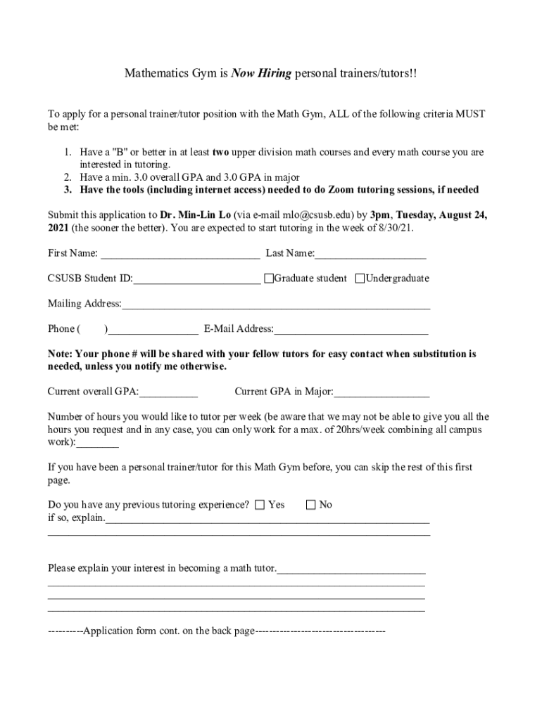 Fillable Online Mathematics Peer Tutoring Center is Now Hiring ...