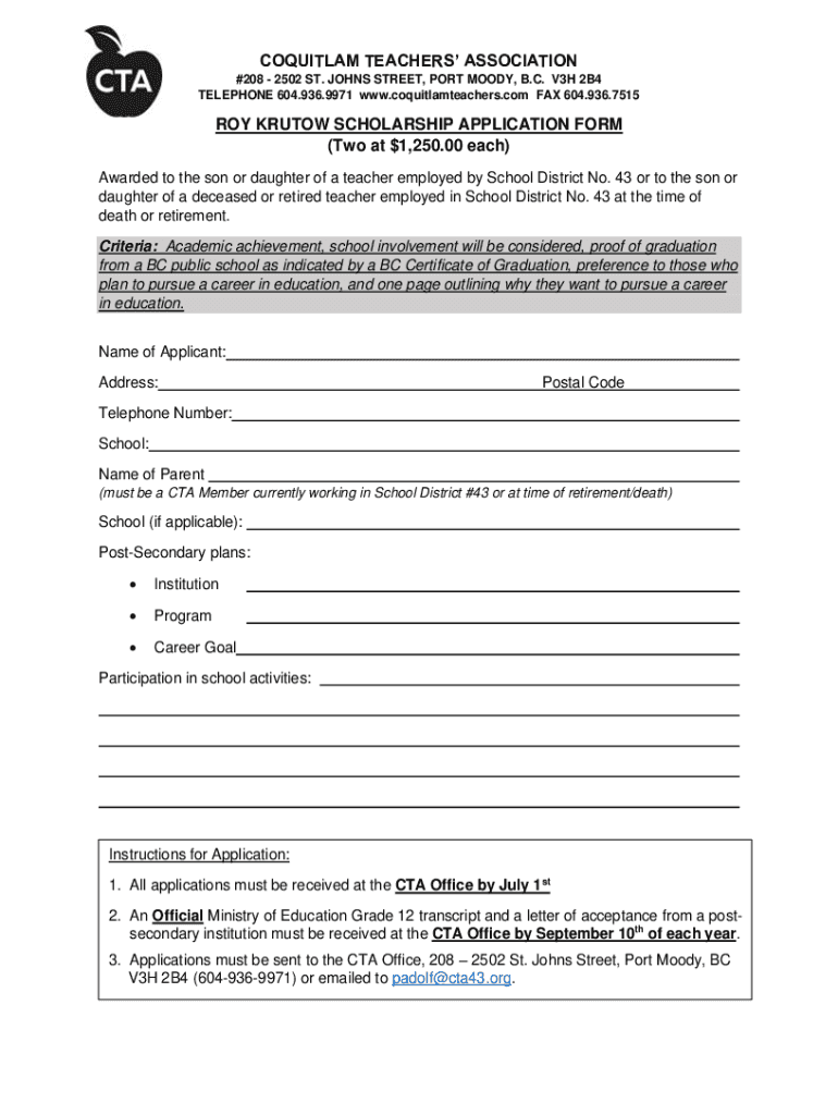Fillable Online ROY KRUTOW SCHOLARSHIP APPLICATION FORM (Two at ... Fax Email Print - pdfFiller