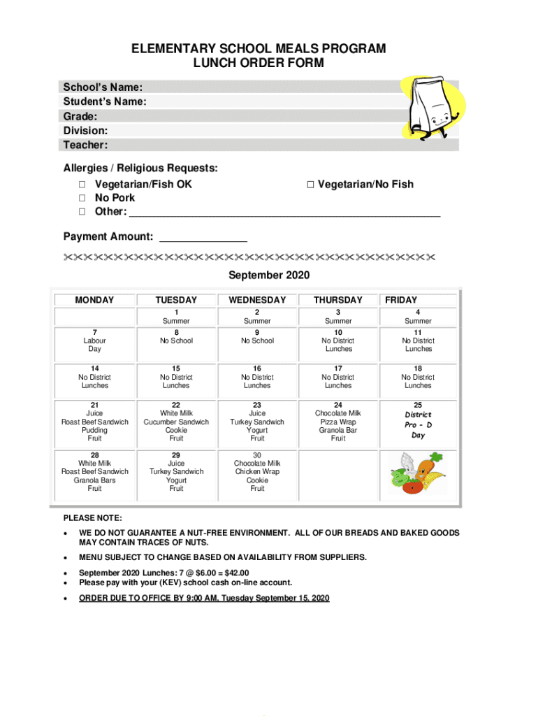 Fillable Online ELEMENTARY SCHOOL MEALS PROGRAM LUNCH ORDER FORM - sd43 ...
