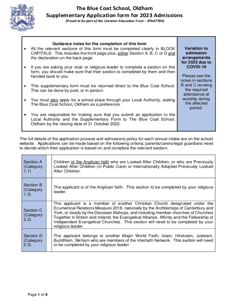 Fillable Online The Blue Coat School, Oldham Supplementary Application form for 2023The Blue ...