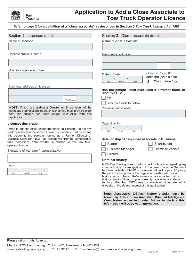 Fillable Online Fillable Online Application to Add a Close Associate to ...