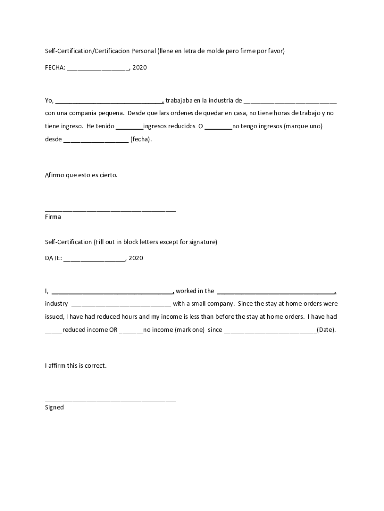 Fillable Online Self-Certification/Certificacion Personal (llene en ...