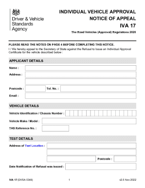 Fillable Online INDIVIDUAL VEHICLE APPROVAL NOTICE OF APPEAL IVA 17 ...