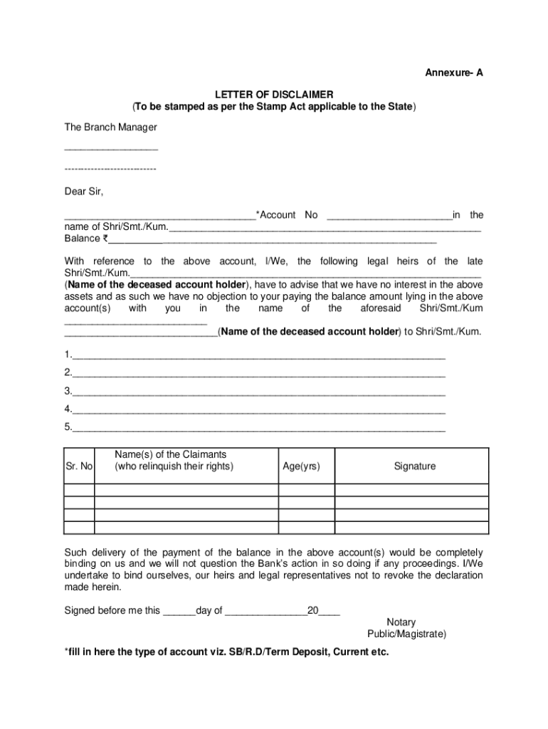 Fillable Online Annexure A LETTER OF DISCLAIMER (To be duly stamped as ...