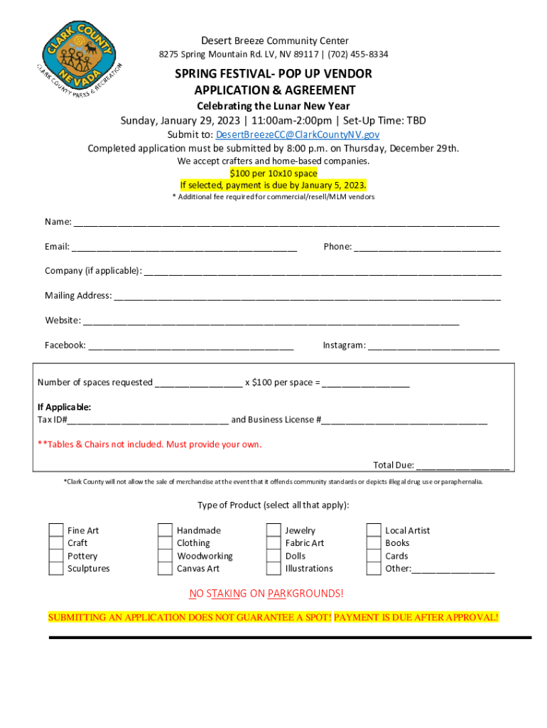 Fillable Online SPRING FESTIVAL- POP UP VENDOR APPLICATION ... Fax ...
