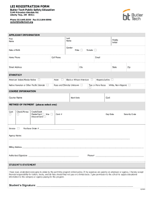 Fillable Online LEI REGISTRATION FORM Butler Tech Public Safety ...