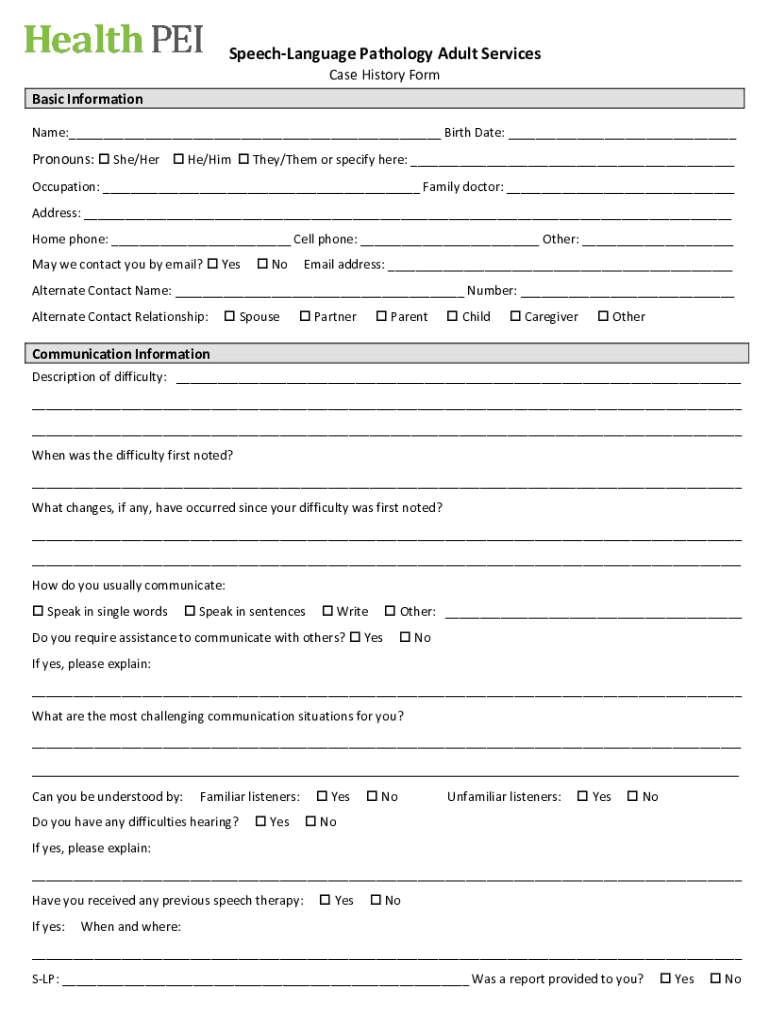 Fillable Online Speech-Language Pathology Adult Services Case History ...