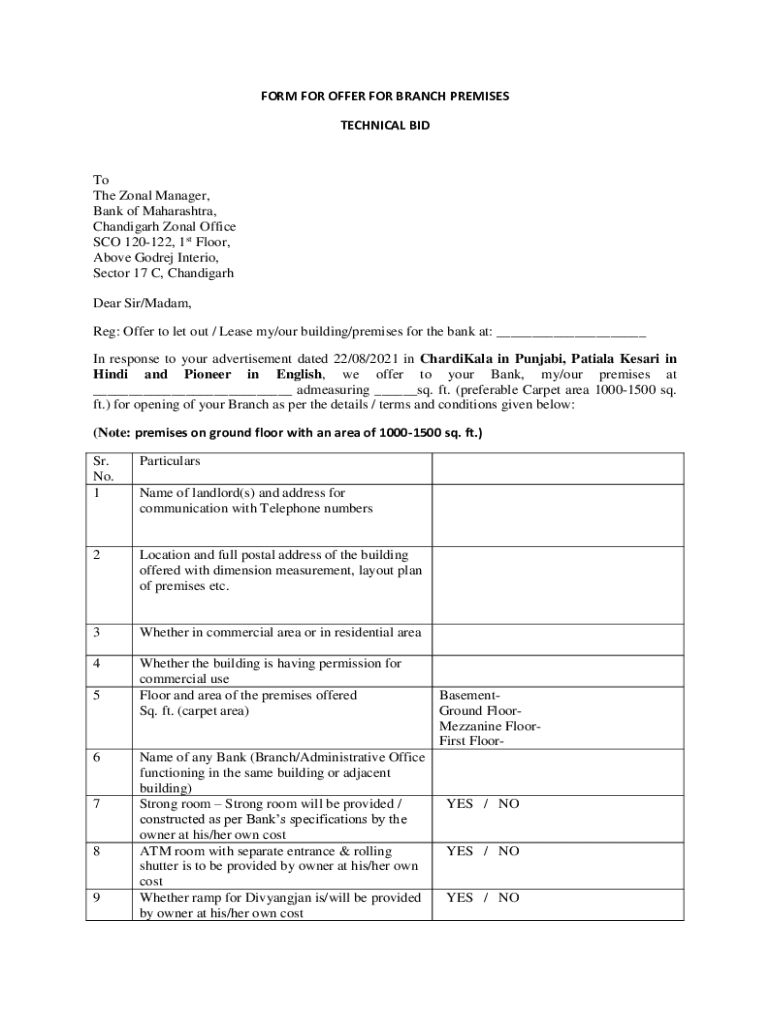 Fillable Online form for offer for branch premises technical bid Fax Email Print - pdfFiller
