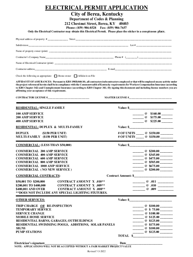 Fillable Online ELECTRICAL PERMIT APPLICATION - City of Berea Fax Email ...