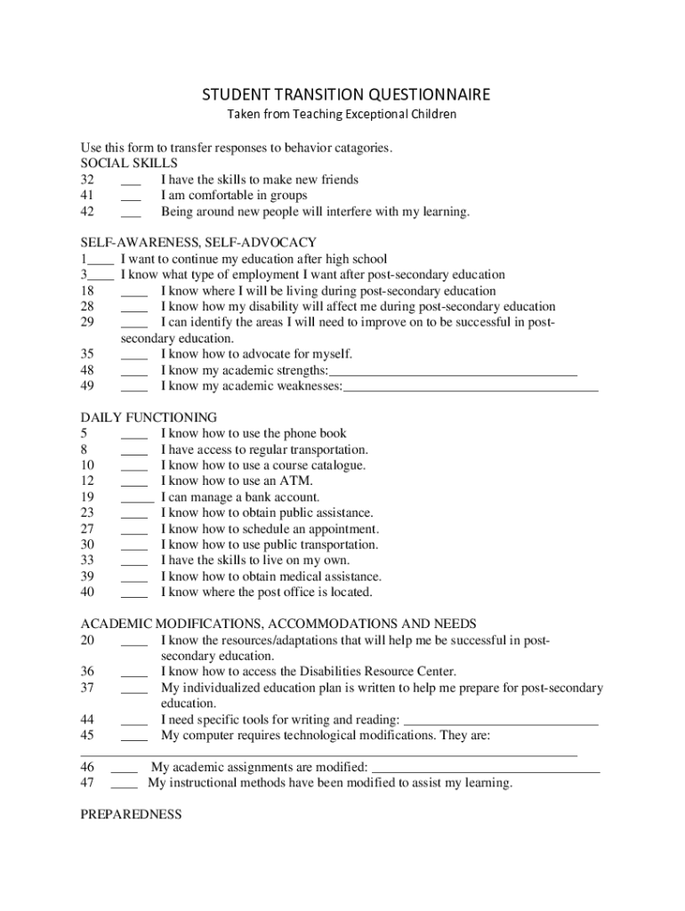 Fillable Online Special Education: Transition Planning for Students ...