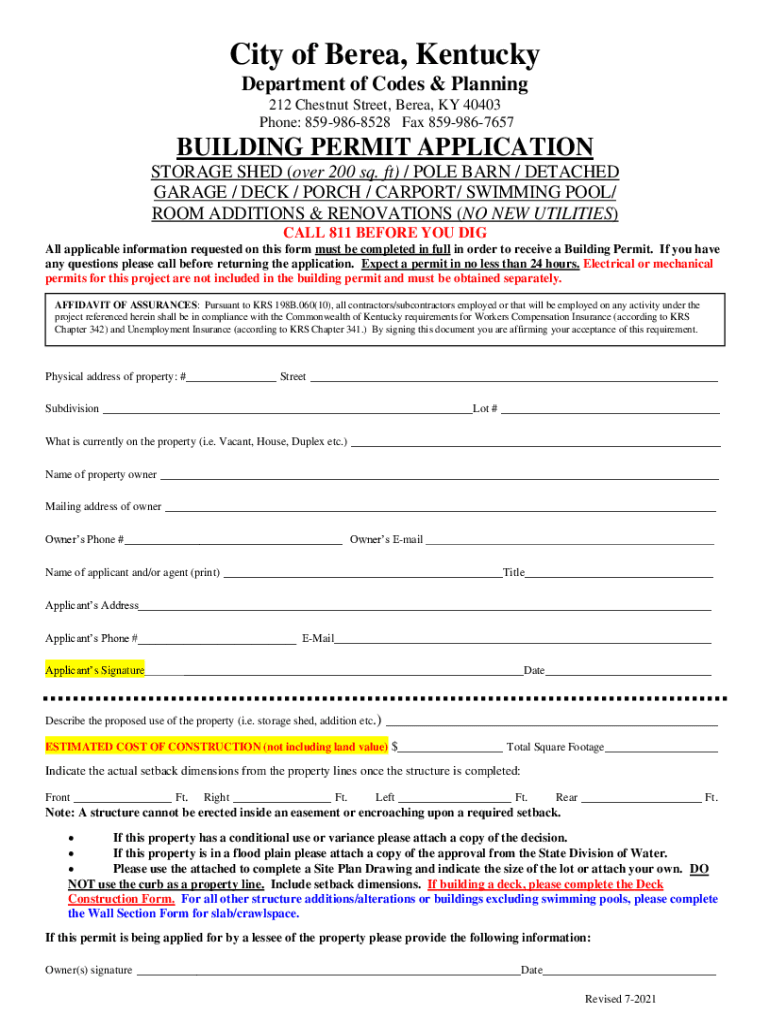 Fillable Online Permits, Construction & Inspections - City of Berea Fax Email Print - pdfFiller