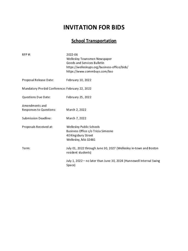 Fillable Online Notice Inviting Bids School TransportationWellesley ...