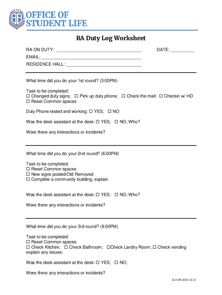Fillable Online RA Duty Log Worksheet Fax Email Print - pdfFiller